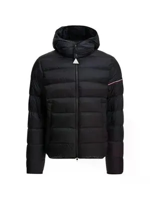 Moncler Bernadette In White/brown Houndstooth Cotton Cropped Shirtquilted Hooded Jac