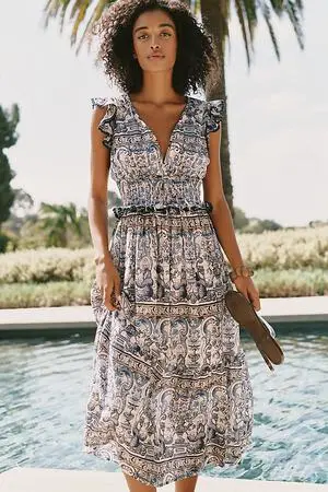 RO'S GARDEN Fyfa 100% Cotton Midi Dress - Blue Pattern