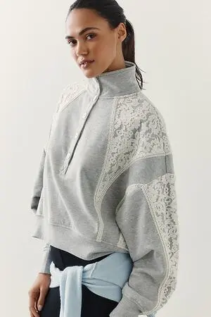 Daily Practice Cotton Blend Lace Funnel Neck Sweatshirt Grey