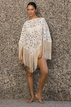 MALAI Bloom Tide Cotton Blend Lace Frge Poncho