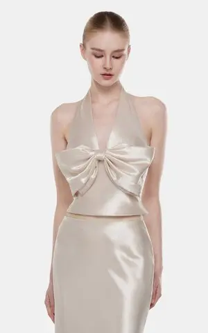 MONTSAND Satin Halter Ribbon Top - Neutral