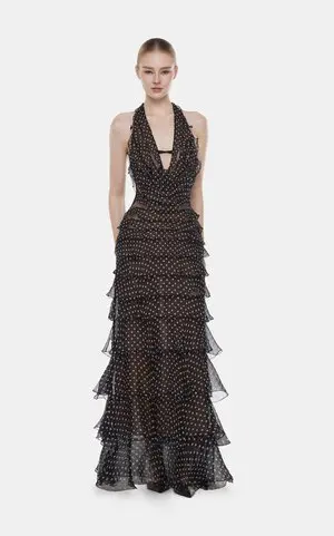 MONTSAND Polka Dot Halter Silk Maxi Dress - Black