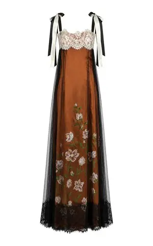 SALMA OSMAN Hand-painted Floral Tulle Gown - Brown