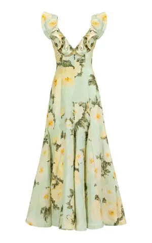 LA FUORI Celadon Bloom Linen-silk Maxi Dress - Floral
