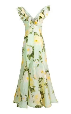 LA FUORI Celadon Bloom Linen-silk Maxi Dress