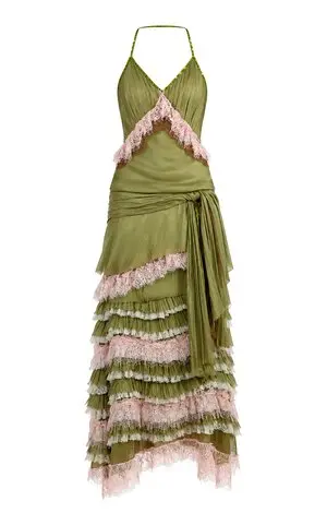 SALMA OSMAN Satin Ruffle Halter Silk-blend Gown - Olive