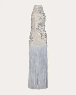 FRANCESCA MIRANDA Siena Beaded Lace Fringe Maxi Dress - Silver