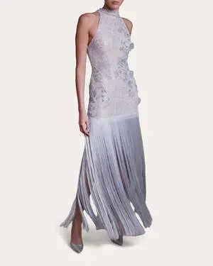 FRANCESCA MIRANDA Siena Beaded Lace Fringe Maxi Dress