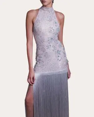FRANCESCA MIRANDA Siena Beaded Lace Fringe Maxi Dress
