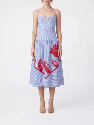 Farm Rio Sky Stripes Floral And Striped Cotton Midi Dress With Sweetheart Neckline - Blue