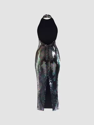 ZHIVAGO Mirage Sequined Halter Midi Dress