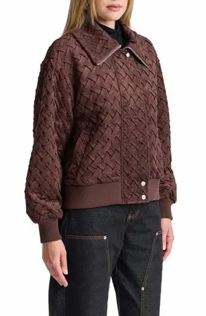 Avec Les Filles Braided Faux Suede High Neck Bomber Jacket