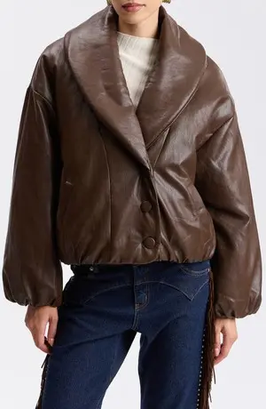 Avec Les Filles Shawl Collar Faux Leather Balloon Puffer Jacket - Java