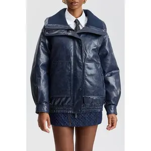 Avec Les Filles Wide Collar Oversized Padded Faux Leather Bomber Jacket - Prussian