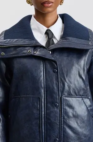 Avec Les Filles Wide Collar Oversized Padded Faux Leather Bomber Jacket