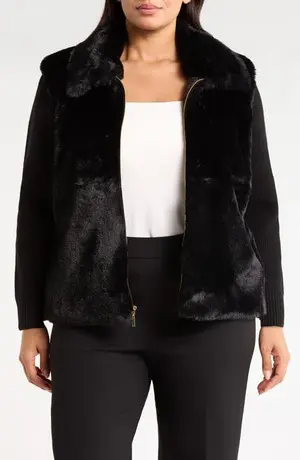 Jones New York Faux Fur Zip-up Jacket - Black