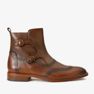 VINCI LEATHER SHOES The Rand Leather Double Buckle Brogue Boot With A Zipper - Brown
