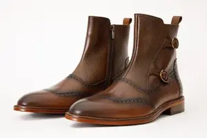 VINCI LEATHER SHOES The Rand Leather Double Buckle Brogue Boot With A Zipper