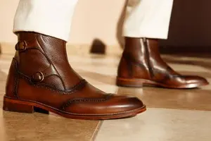 VINCI LEATHER SHOES The Rand Leather Double Buckle Brogue Boot With A Zipper
