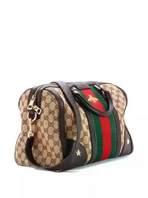 Gucci Vintage Bee Web Boston Bag Gg Canvas Medium Satchel