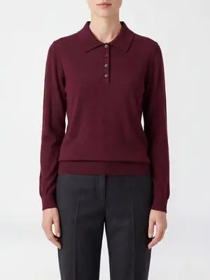 SOLOTRE Long-sleeved Wool Knit Polo Shirt With Ribbed Collar - Wine