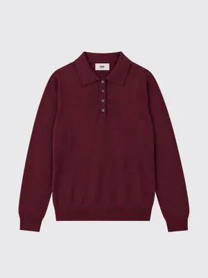 SOLOTRE Long-sleeved Wool Knit Polo Shirt With Ribbed Collar - Wine