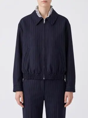 SOLOTRE Pinstripe Viscose-blend Shirt-style Bomber Jacket With Zip Closure - Navy