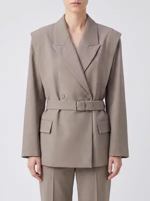 SOLOTRE Polyester Double-breasted Blazer With Waist Belt And Peak Lapels - Mud