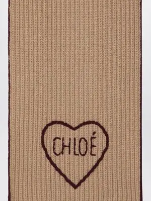 Chloé Scarf In Wool And Cashmere Blend With Contrast Logo - Brown