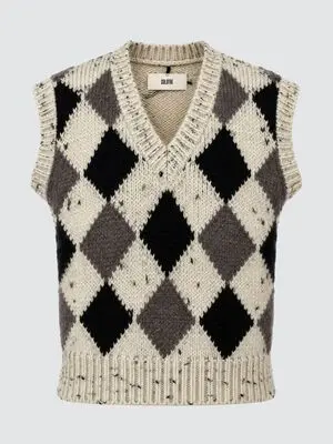SOLOTRE Argyle V-neck Wool Jumper Vest - Butter