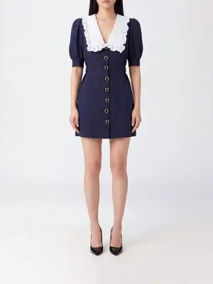 Alessandra Rich Silk Chemisier Mini Dress With Ruffled Collar - Navy
