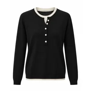 MUTE BY JL Nora Two Tone Henley Knit Sweater - Black