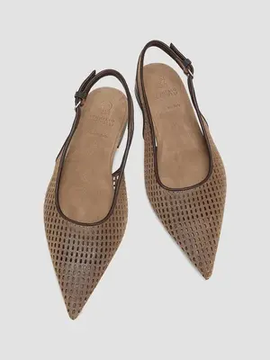 Brunello Cucinelli Perforated Laminated Suede Slingback Flats