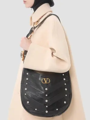 Valentino Garavani Hoboho Hobo Bag In Chevron Pattern Nappa Leather With Studs
