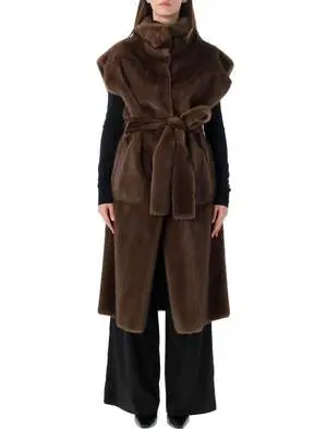 STAND STUDIO Faux Fur Hooded Long Vest - Marrone