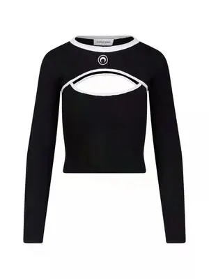 MARINE SERRE Moon-logo Bicolor Ribbed Jersey Long-sleeves Cutout-shirt