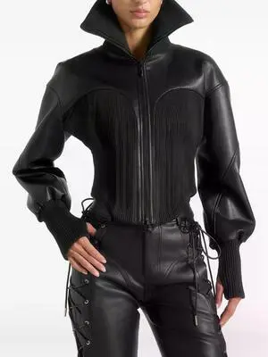 Manière De Voir Amani In Leather Funnel Neck Contour Jacket - Black
