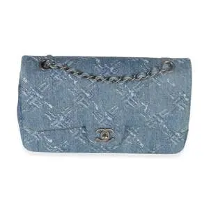 CHANEL Blue Bleached Chain Printed Denim Medium Classic Double Flap Bag