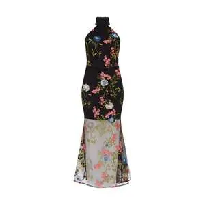 SOUR FIGS Floral-embroidered Halterneck Maxi Dress In Black - Black/pink/blue