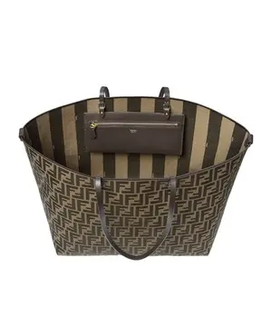 Fendi Tobacco Ff Jacquard And Striped Pequin Fabric Shopper