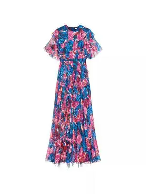 Givenchy Long Ruffled Dress In Silk Chiffon With Floral Print - Blue