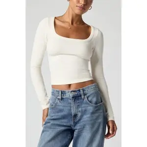 FLORENCE BY MILLS Seamless Square Neck Long Sleeve Crop Top - Jet Stream