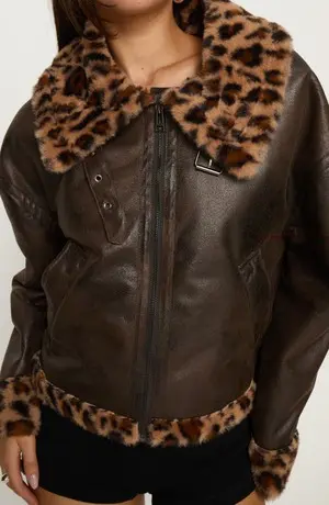 Princess Polly Brandyn Leopard Print Faux Fur Trim Faux Leather Jacket