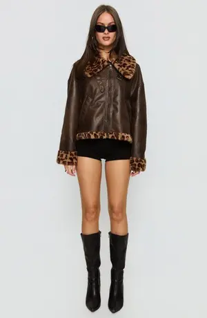 Princess Polly Brandyn Leopard Print Faux Fur Trim Faux Leather Jacket