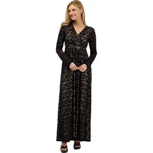 24SEVEN COMFORT APPAREL Elevate Womens Elegant V Neck Long Sleeve Lace Dress Black
