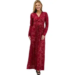 24SEVEN COMFORT APPAREL Elevate Elegant V Neck Long Sleeve Lace Dress - Wine