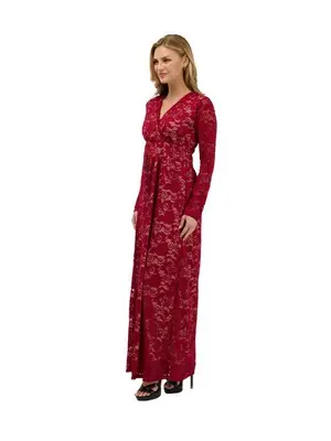 24SEVEN COMFORT APPAREL Elevate Elegant V Neck Long Sleeve Lace Dress - Wine