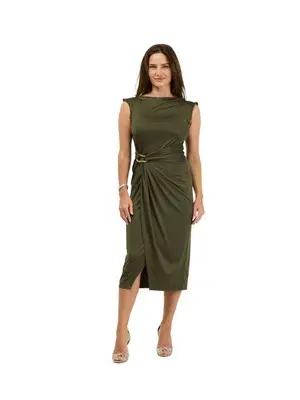 24SEVEN COMFORT APPAREL 24seven Comfort Elevate Cap Sleeve Twist Midi Dress - Olive