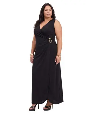24SEVEN COMFORT APPAREL 24seven Comfort Elevate Curvy Sleeveless V-neck Wrap Maxi Dress - Black