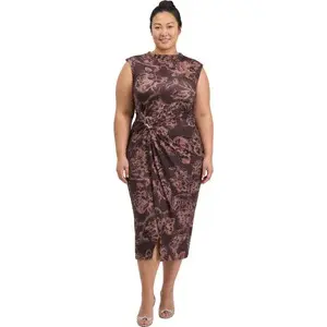 24SEVEN COMFORT APPAREL Elevate Curvy Cap Sleeve Twist Midi Dress - Brown Multi